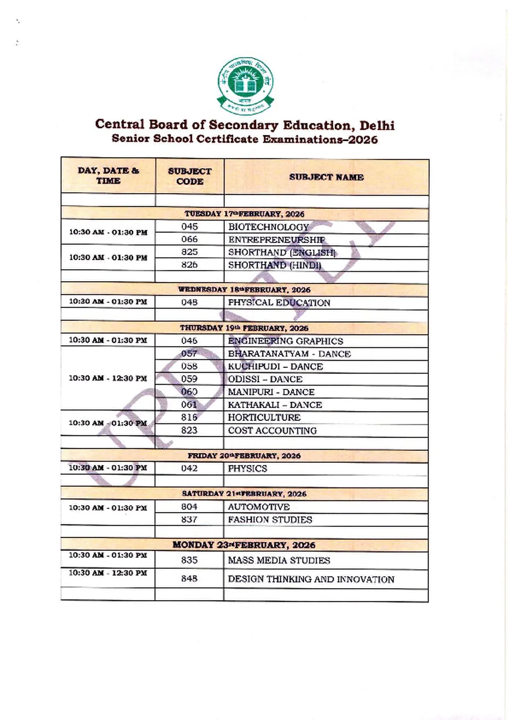 CBSE Class 12th Date Sheet 2026 PDF – hindiAstar